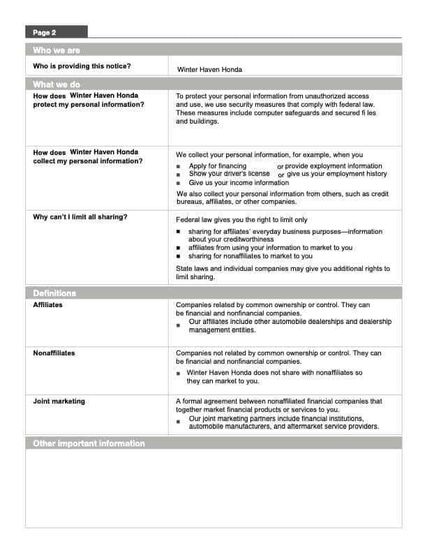 Privacy Policy | Winter Haven Honda